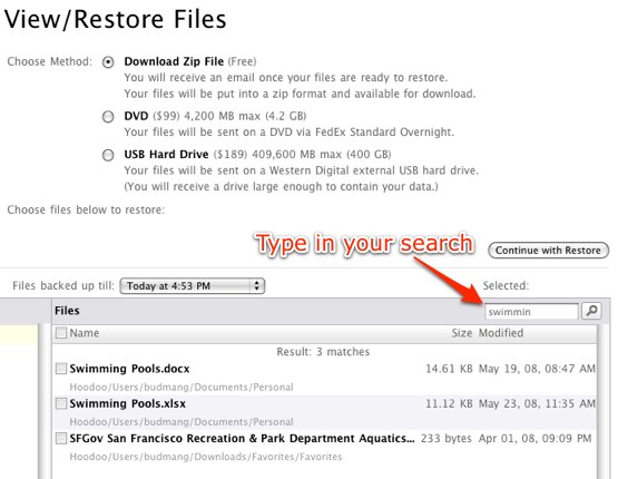 Search Backed Up Files Search Backed Up Files